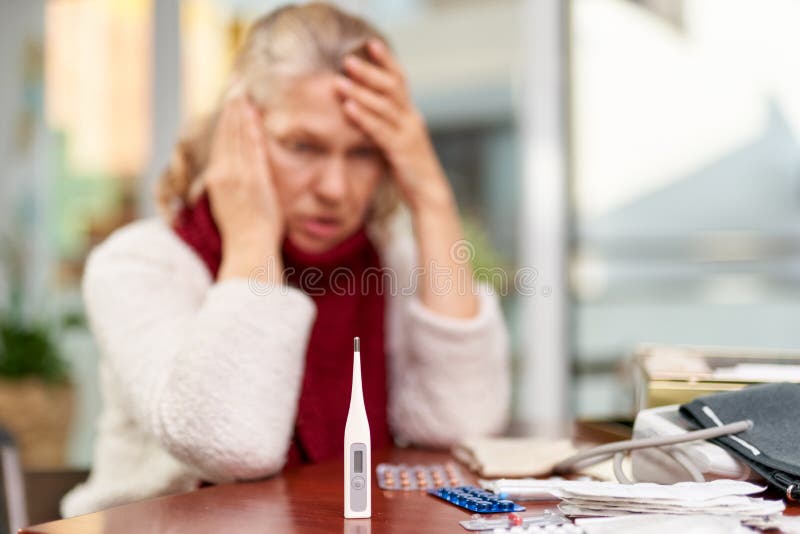 Sickness, Seasonal Virus Problem Concept.Focus on Thermometer. Stock ...