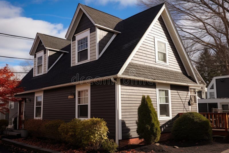 Side Angle of a Dutch Colonial Home Showcasing Dormer Windows Stock ...