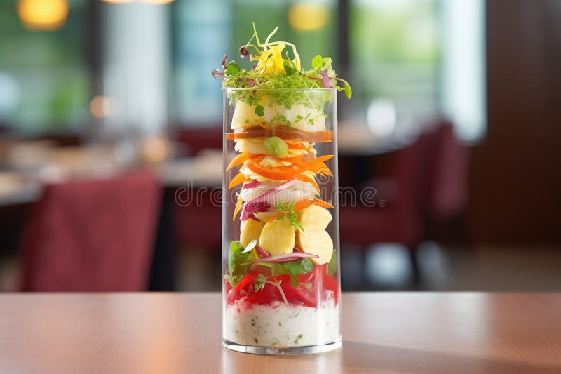 Side Angle, Layered Beet Salad in Tall Glass, Fine Dining Style Stock ...