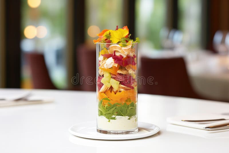 Side Angle, Layered Beet Salad in Tall Glass, Fine Dining Style Stock ...