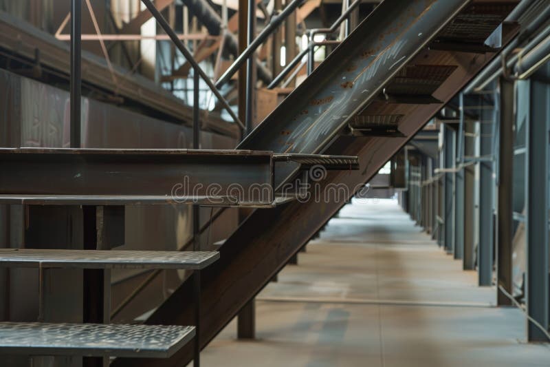 Side Angle of Steel Stairs with Footsteps Echoing in a Large Hall Stock ...