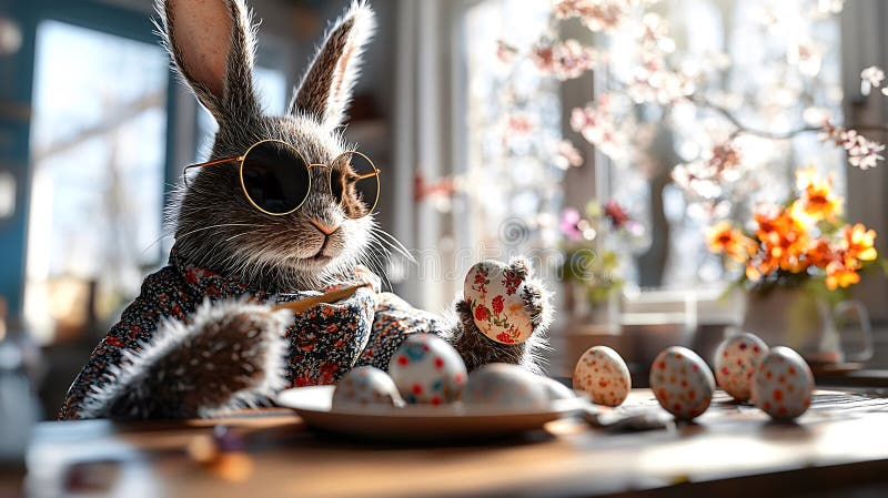 Side Angle View of a Chic Easter Bunny Decorating Eggs in a Bright and ...
