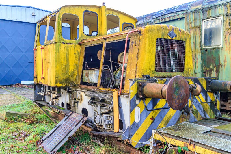 Side Angle View of Yellow Dismantled and Dilapidated Old Train Control ...