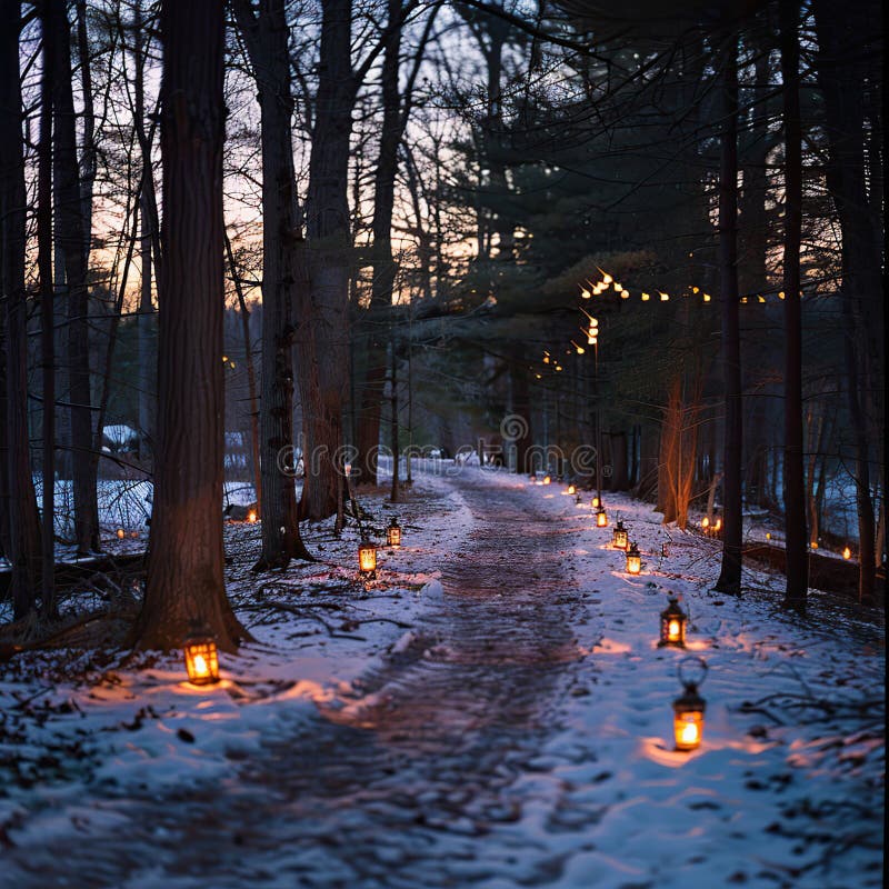 Side Angle of Winter Solstice Lanterns Along a Forest Path Stock ...