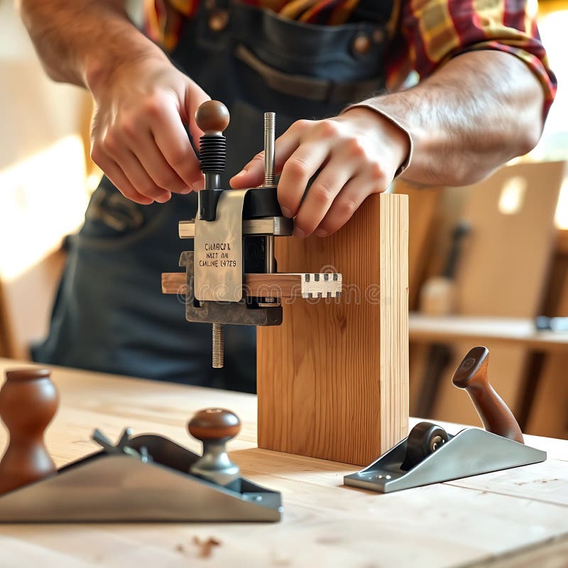 A Side Angle of a Woodworker Using a Clamp To Secure Two Pieces of ...