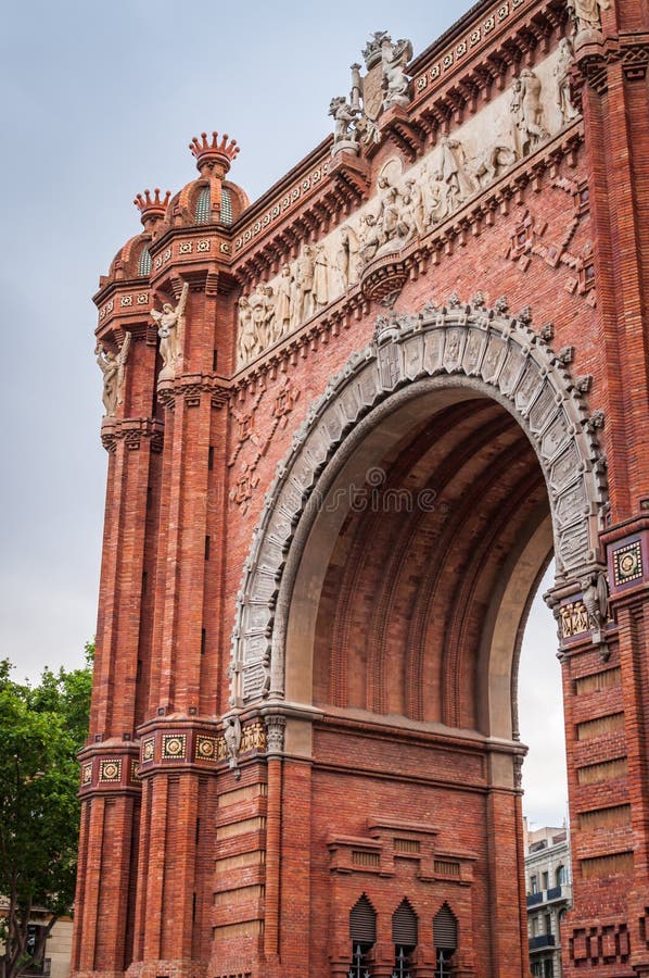Side Architectural Close-up of Monumental Red Brick Arch in Barcelona ...