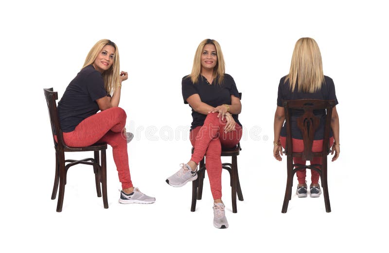 Side and Front View of Same Middle Aged Woman Sitting on Chair on White ...