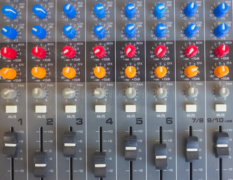 Side Closeup on a Sliders of a Mixing Console. Stock Photo - Image of ...