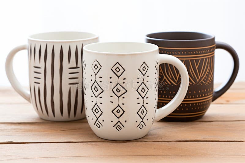 Side-by-side Coffee Mugs with Different Designs Stock Illustration ...