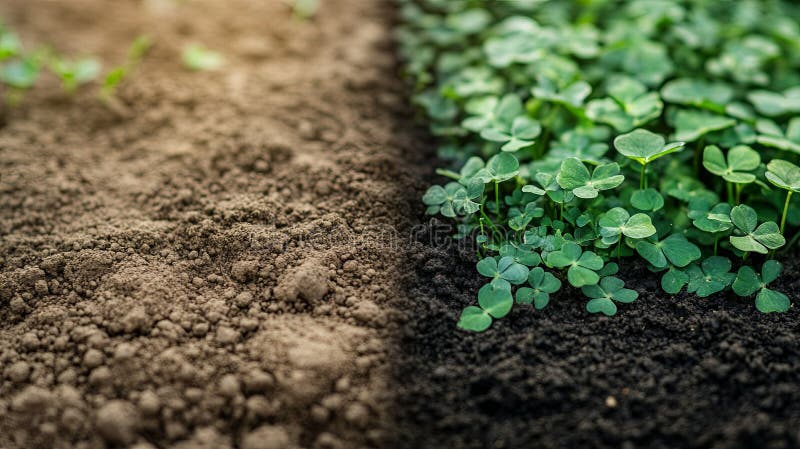 Side-by-side Comparison of Dry Soil Vs Healthy Soil with Clover . Stock ...