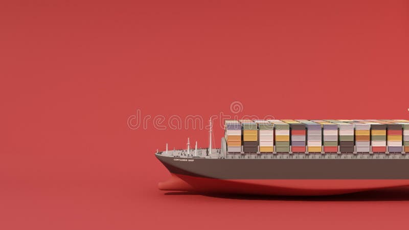Side Elevation of Cargo Ship Full of Containers on Red Background ...
