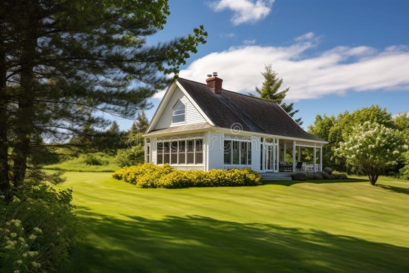A Side Gable Cape Cod House Overlooking a Meadow Stock Image - Image of ...