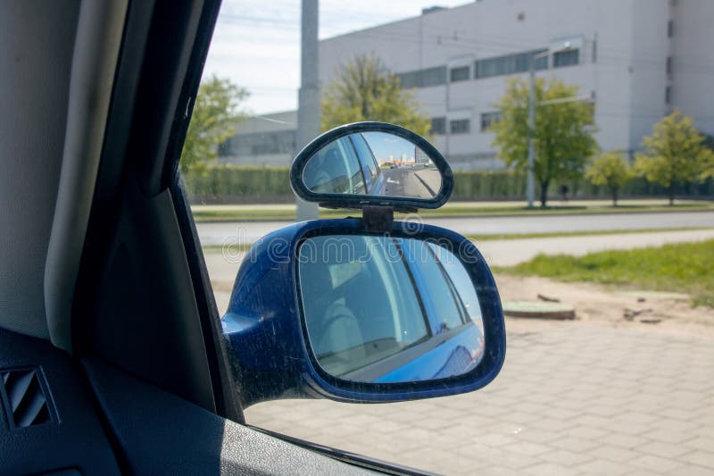 Side Mirror of Blue Car in City Stock Image - Image of transportation ...