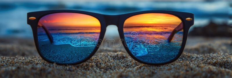 Side Mirror Sunglasses with Beach Reflection Capturing a Vibrant Sunset ...
