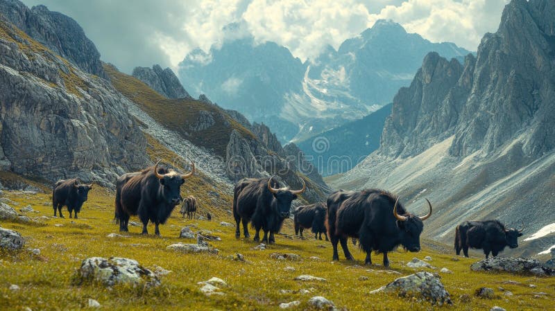 Side Perspective of Grazing Yaks in a Mountain Landscape Stock ...