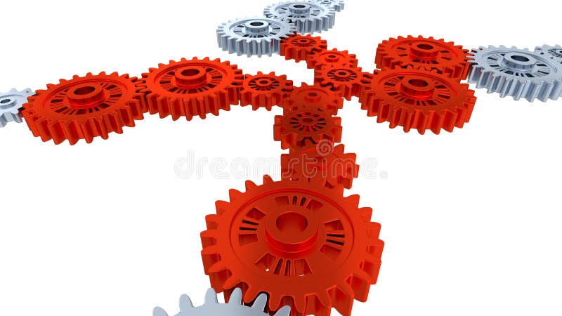 Side and Perspective View of Seven Silver Gears and Several Red Stock ...