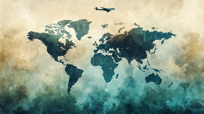 From a Side Perspective, a World Map is Illustrated with an Airplane in ...