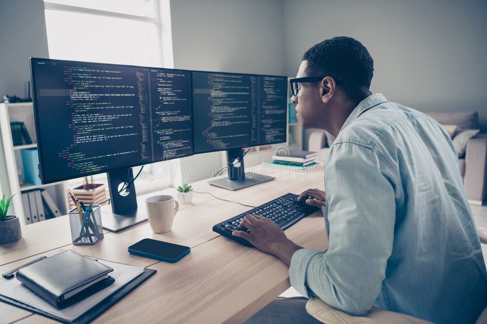 Side Photo of Focused Concentrated Serious Programmer Guy Researching ...