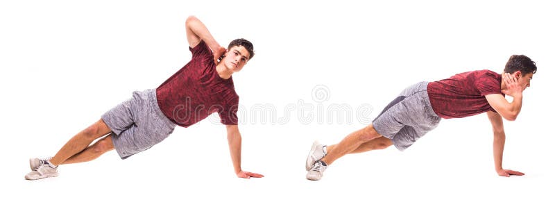 Side Plank Crunch. Young Man Doing Sport Exercise. Stock Image - Image ...