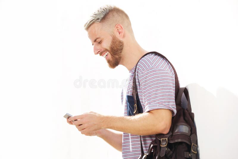 Cool Young Guy with Beard Looking at Mobile Phone Stock Photo - Image ...