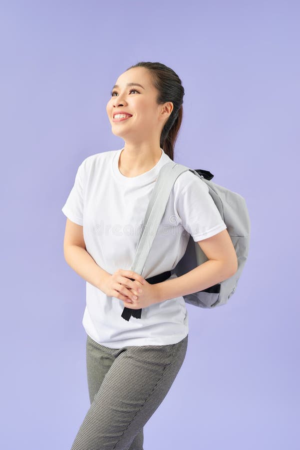 Side Portrait of Happy Young Woman Walking with Bag Stock Photo - Image ... Side Portrait of Happy Young Woman Walking with Bag Stock Photo - Image ...