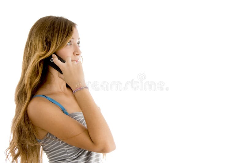 Side Pose of Young Woman Talking on Cellphone Stock Image - Image of ...