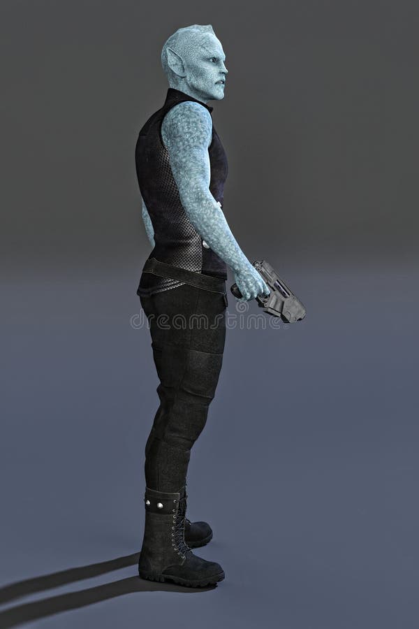 Side View Render Of An Alien Man Holding A Space Weapon Stock ...