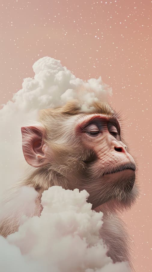 A Side Profile of a Contemplative Dreamy Monkey with Its Head Emerging from Clouds Against a ...