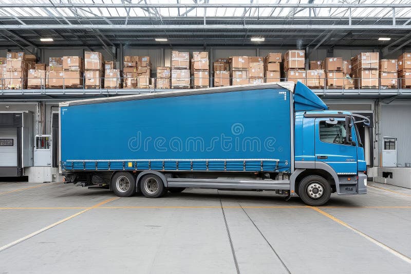 Side Profile of Delivery Truck Loading Goods in Warehouse with Pallet ...