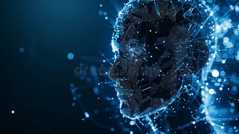 Side Profile of a Digital Face with Intricate Blue Light Patterns on a ...