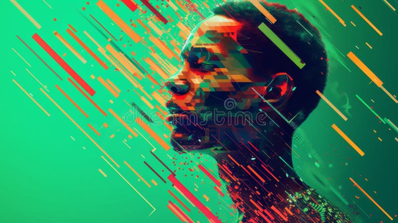 Side Profile of a Digital Human with Pixel Glitch Effects in Motion ...