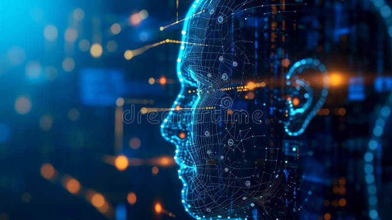 Side Profile of a Futuristic Artificial Intelligence Computer Head with ...