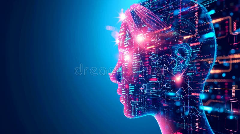 Side Profile of a Futuristic Artificial Intelligence Computer Head with ...