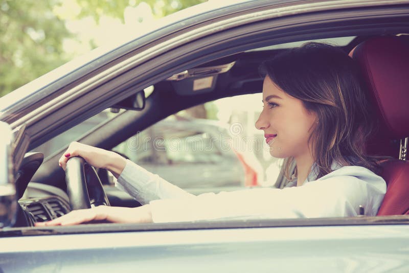 Side Profile Happy Woman Driving a Modern Car Stock Photo - Image of ...