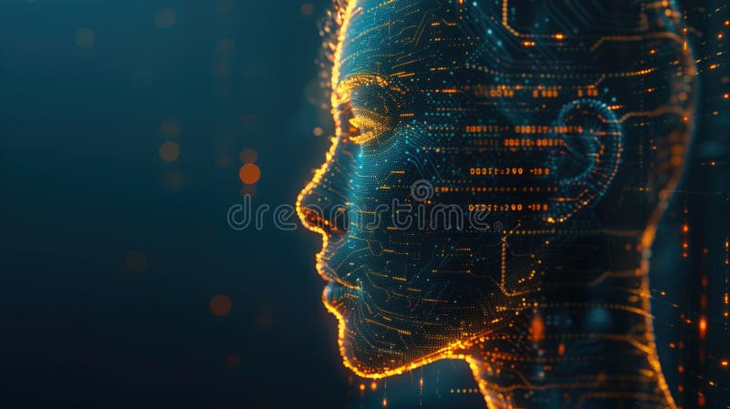Side Profile of a Human Face Made of Digital Lines and Glowing Orange ...
