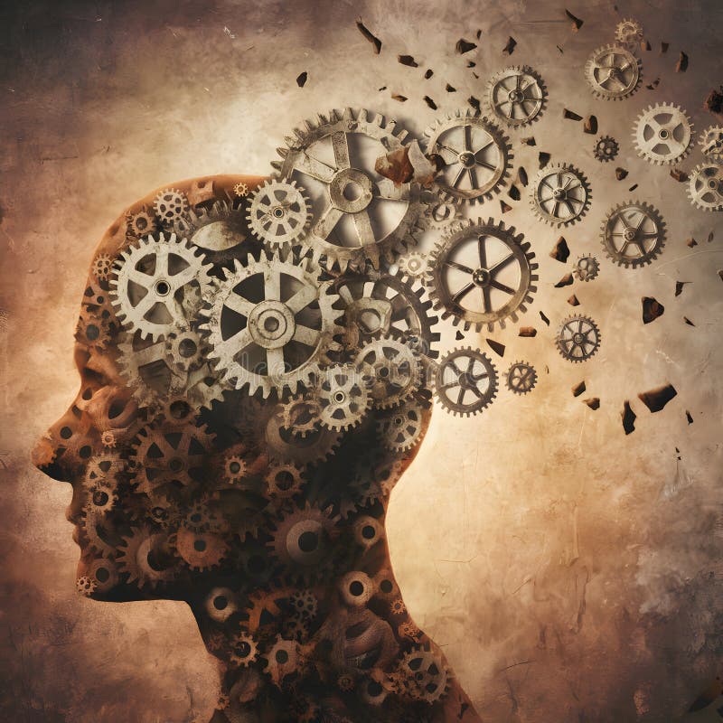 Symbolic Side Profile of Human Head with Intricate Gears, Earthy Tones ...