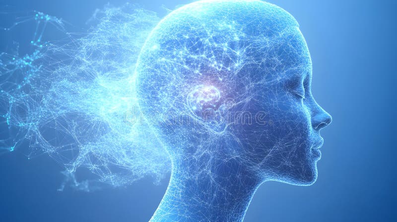 Side Profile of a Human Head with Connected Neural Network and Flowing ...