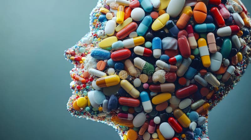Side Profile of a Human Head Formed from a Multitude of Colorful Pills ...