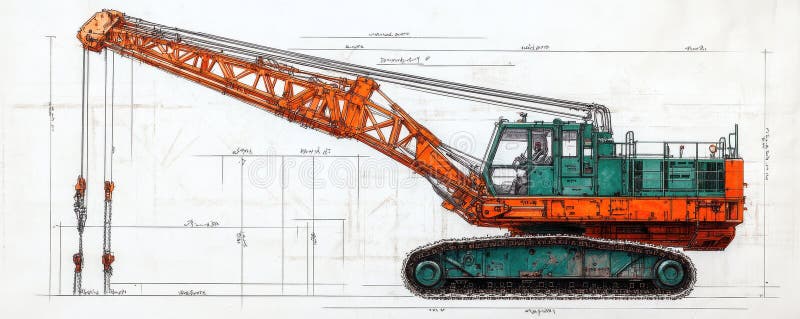 Side Profile Illustration of a Crane with Detailed Technical ...