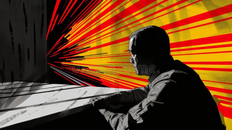 Side Profile of Man with Explosive Yellow and Red Rays in Dark Room ...