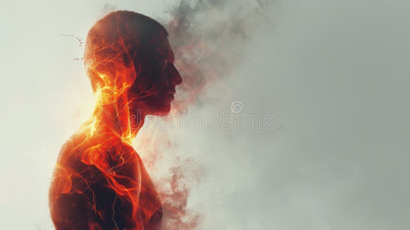 Fiery Man Silhouette with Glowing Light Effects Stock Illustration ...