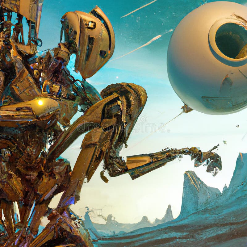 Alien Robot Kneels and Looks Menacing AI Art Stock Illustration ...