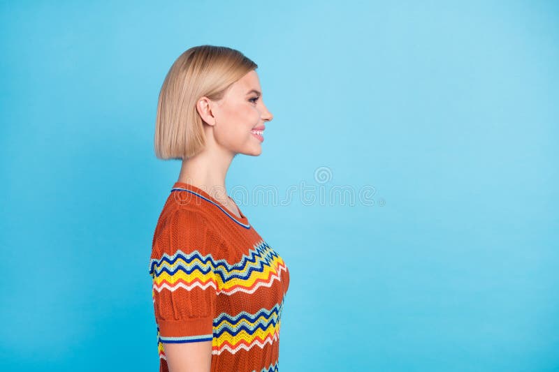 Side Profile Photo Of Good Mood Woman Dressed Knitwear T Shirt With Bob