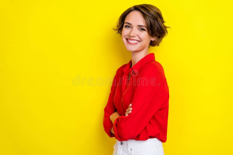 Side Profile Photo Of Satisfied Gorgeous Lovely Woman With Bob