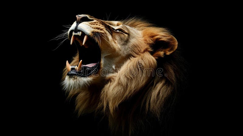 Side Profile of a Roaring Lion with Dark Background Stock Photo - Image ...