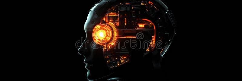 Side Profile Showcasing a Futuristic Human Head with Mechanical Structures and a Glowing Robotic ...