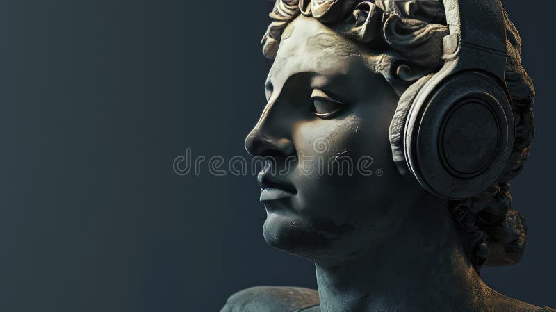 Side Profile of a Stone Statue Adorned with Headphones, Highlighted by ...