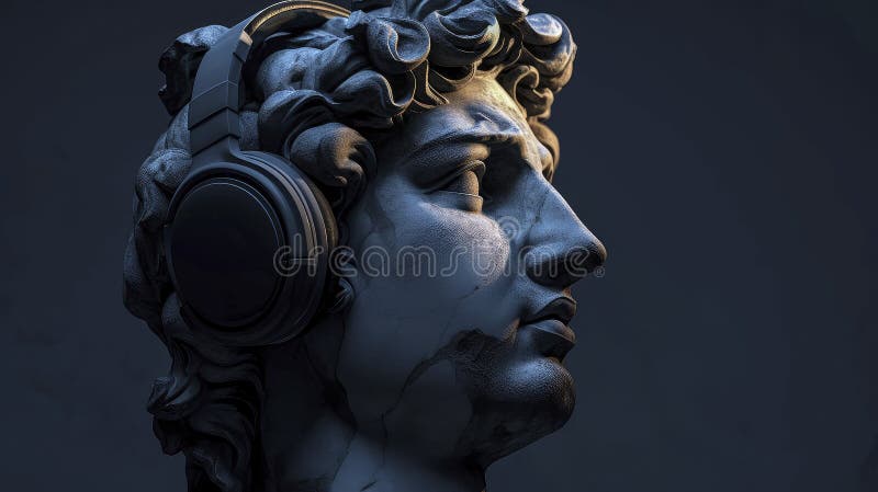 Side Profile of a Stone Statue Adorned with Headphones, Highlighted by ...