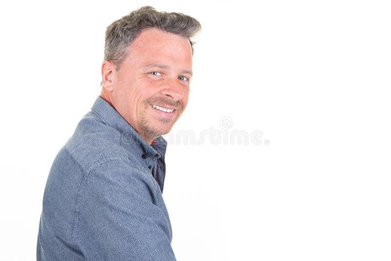 Side Profile Studio Shot of Middle Aged Man Against White Background ...