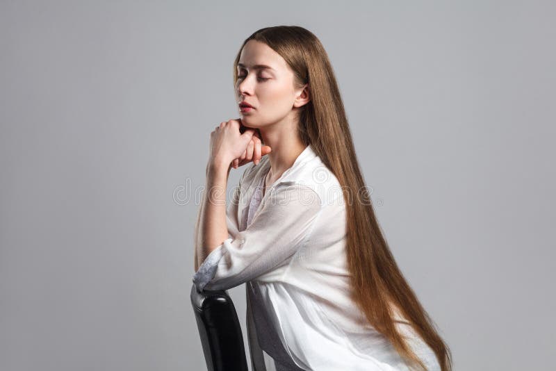 Side Profile View of Calm Beautiful Young Model Actor with Long Stock ...